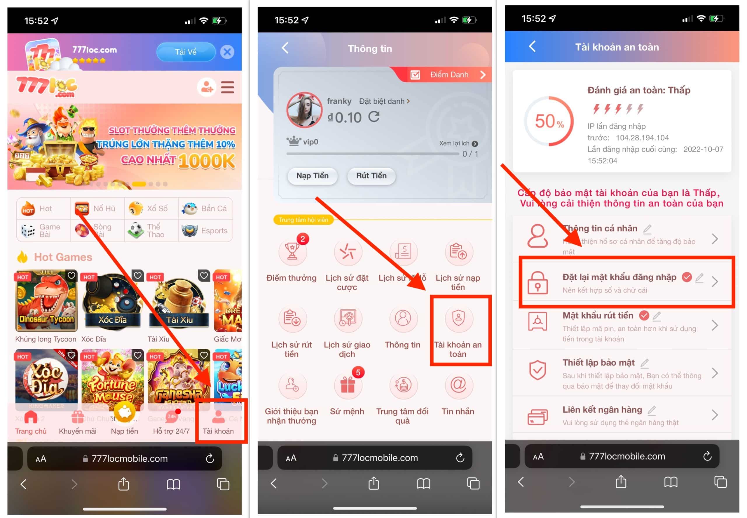 Hướng dẫn cách đổi mật khẩu đăng nhập - 777loc
